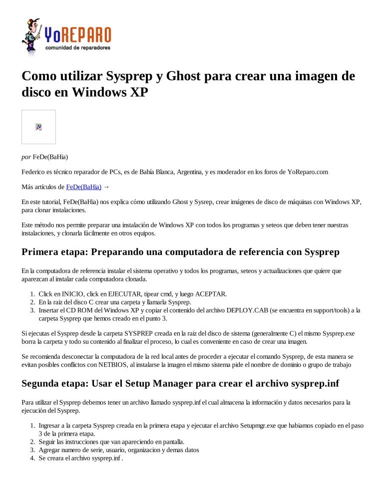 PDF de programación - Como utilizar Sysprep y Ghost para crear unaimagen de disco en Windows XP