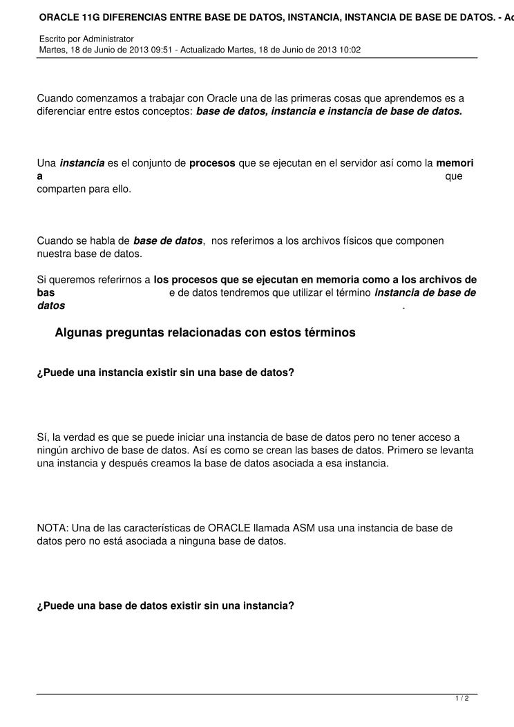 Pdf De Programación Oracle 11g Diferencias Entre Base De Datos Instancia Instancia De Base