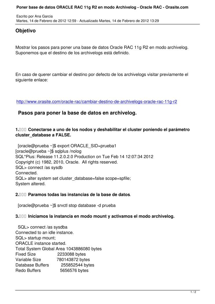 Pdf De Programación Poner Base De Datos Oracle Rac 11g R2 En Modo Archivelog Oracle Rac