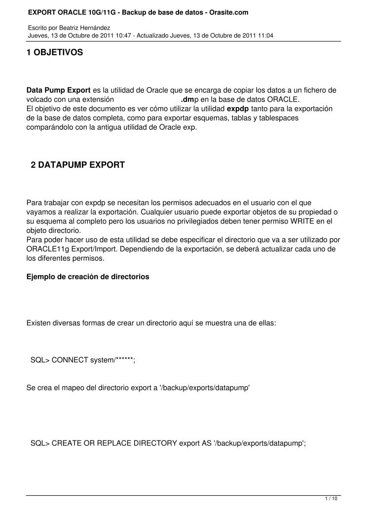 Pdf De Programación Export Oracle 10g 11g Backup De Base De Datos