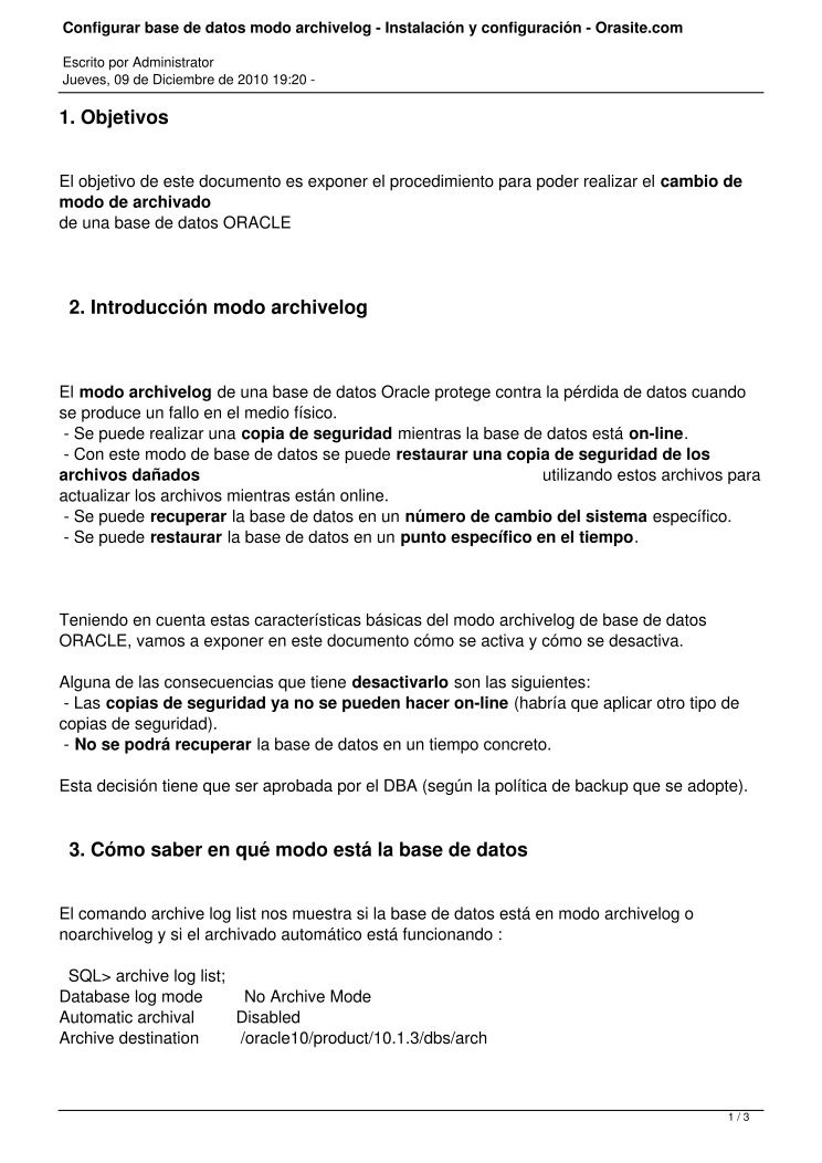 PDF de programación - Configurar base de datos modo archivelog - Instalación y configuración ...