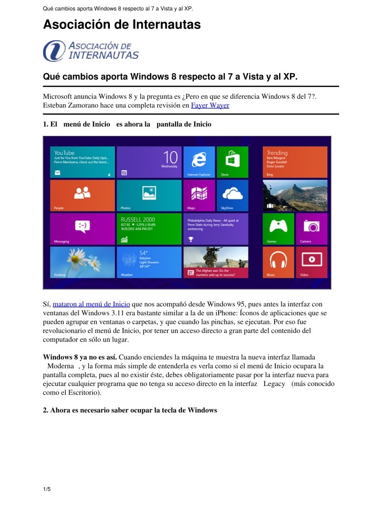 PDF de programación - Qué cambios aporta Windows 8 respecto al 7 a Vista y al XP