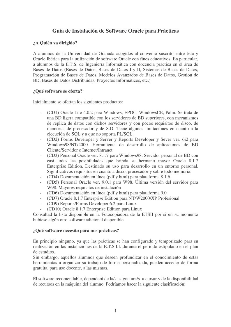 PDF de programación - Guía de Instalación de Software Oracle para Prácticas PDF de programación - Guía de Instalación de Software Oracle para Prácticas