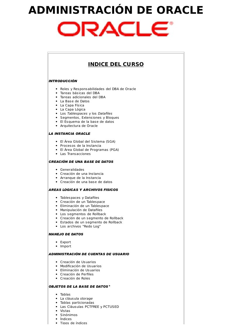 PDF de programación - ADMINISTRACIÓN DE ORACLE