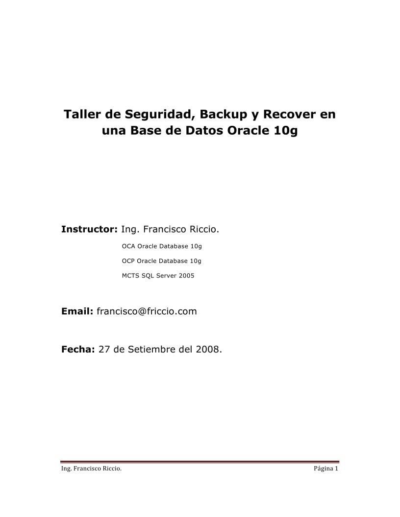 PDF de programación - Taller de Seguridad, Backup y Recover en una Base de Datos Oracle 10g