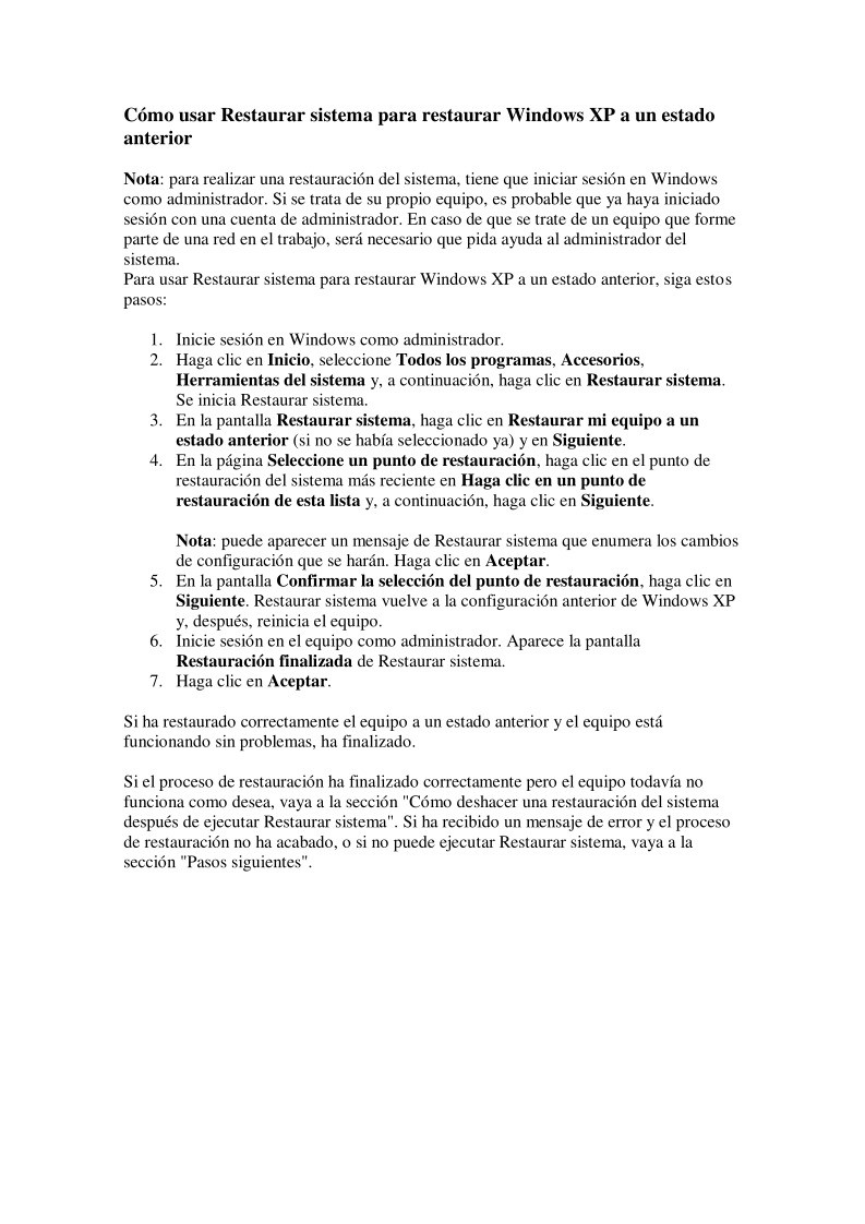 PDF de programación - Cómo usar Restaurar sistema para restaurar Windows XP a un estado anterior