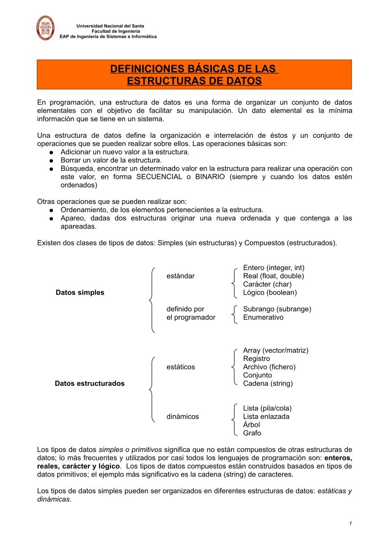 PDF de programación - Definiciones básicas de las Estructura de Datos PDF de programación - Definiciones básicas de las Estructura de Datos