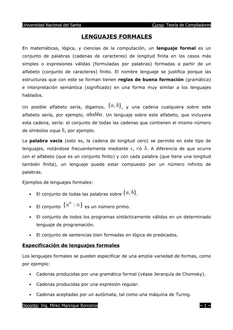 PDF de programación - LENGUAJES FORMALES - Teoría de Compiladores