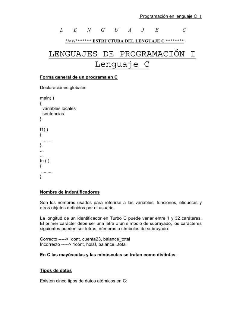 PDF de programación - Lenguajes de Programación I - Lenguaje C