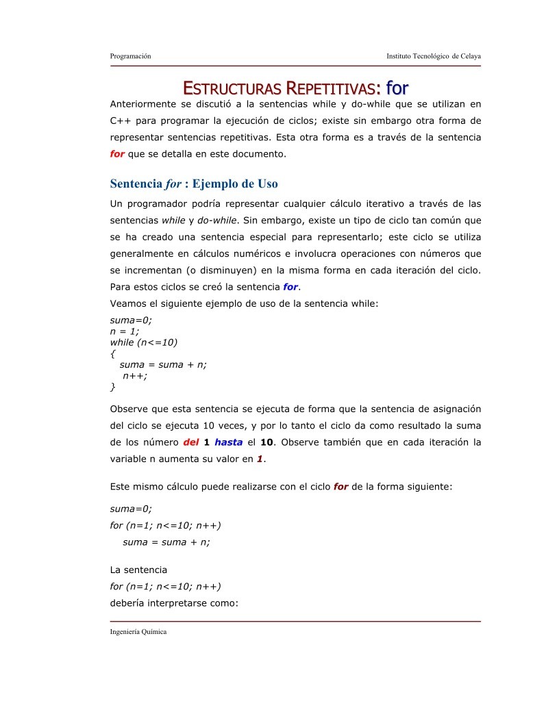 PDF de programación - Estructuras repetitivas: for