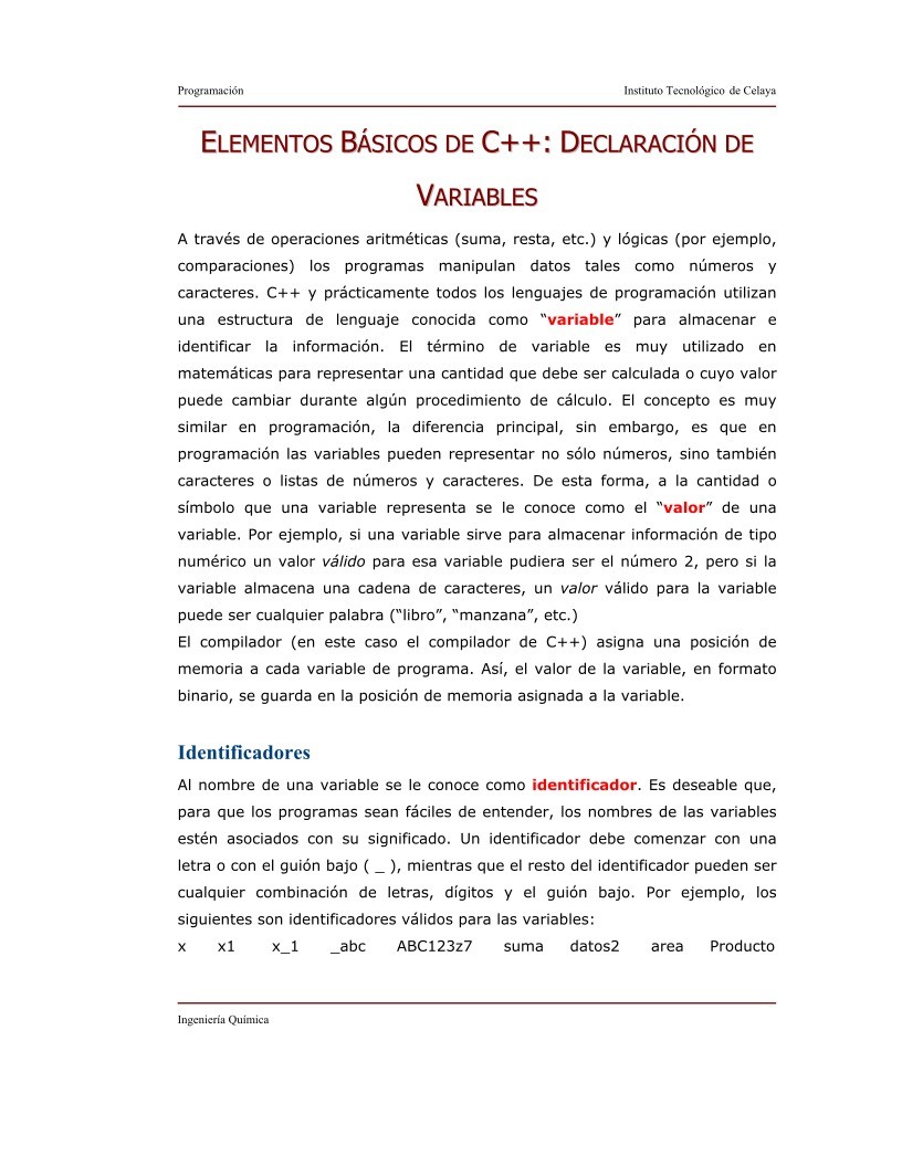 PDF de programación - Elementos básicos de C++: Declaración de Variables