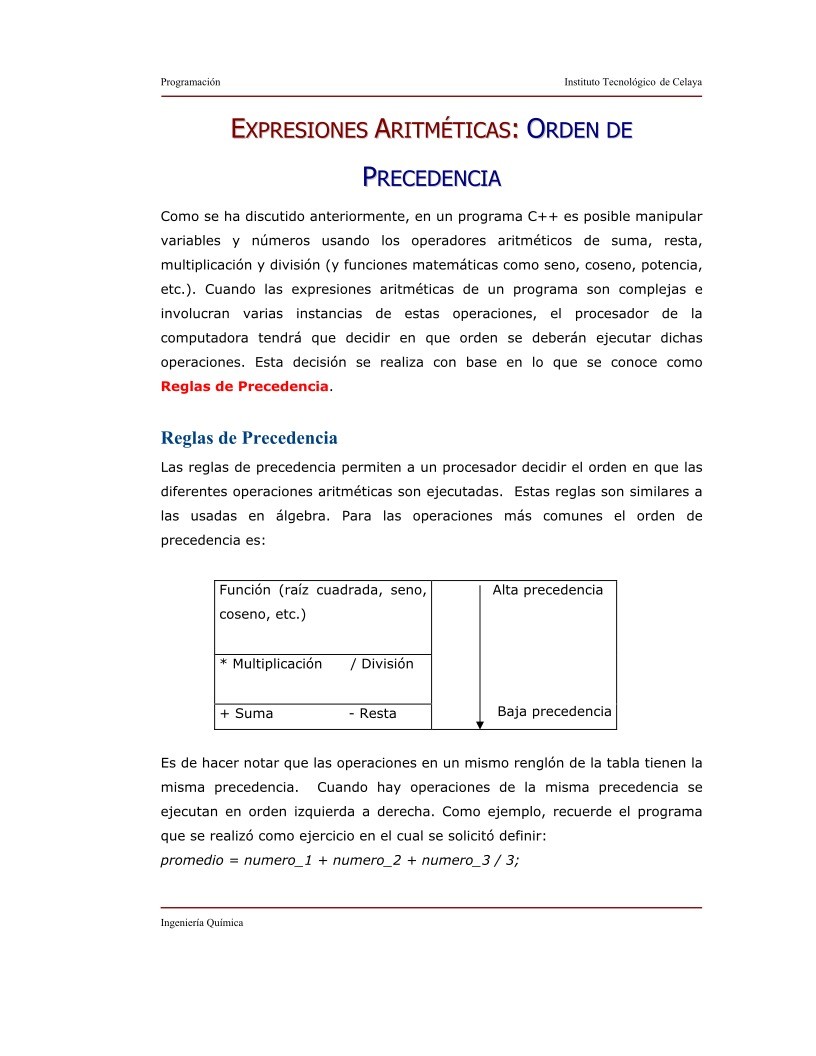 PDF de programación - Expresiones aritméticas: Orden de procedencia