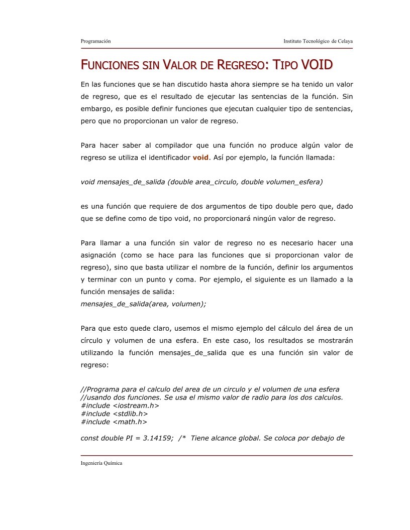 PDF de programación - Funciones sin valor de regreso: Tipo VOID