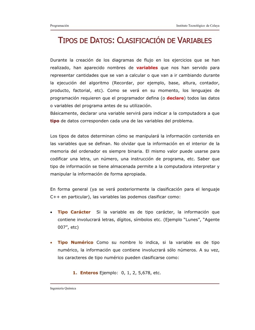 PDF de programación - Tipos de datos: Clasificación de variables