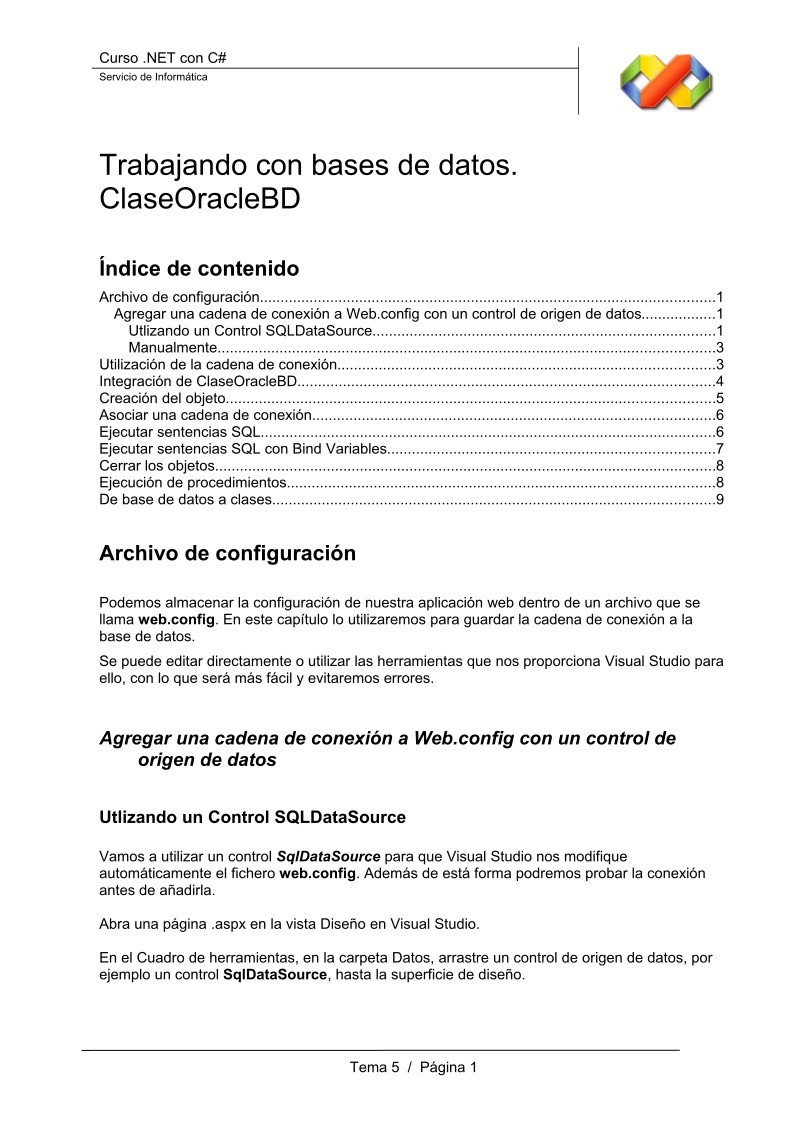 Pdf De Programación Trabajando Con Bases De Datos Claseoraclebd Curso Net Con C