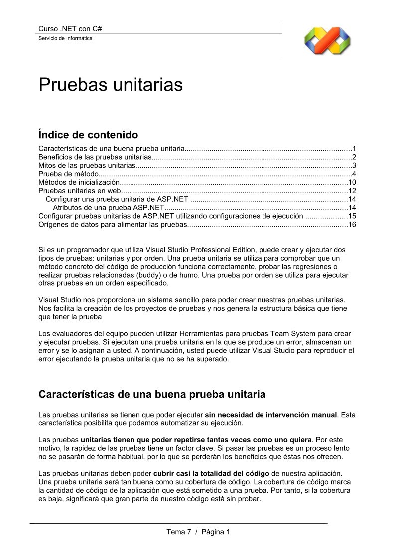 PDF de programación - Curso .NET con C# - Pruebas unitarias