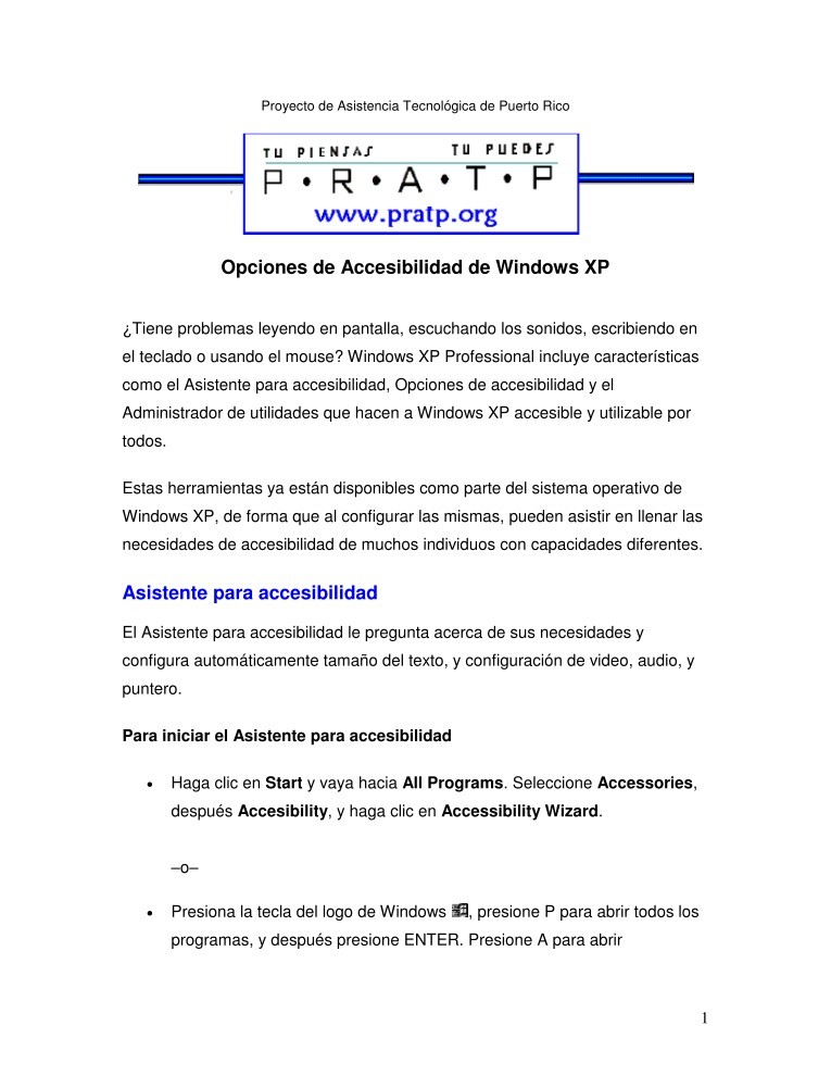 PDF de programación - Opciones de Accesibilidad de Windows XP