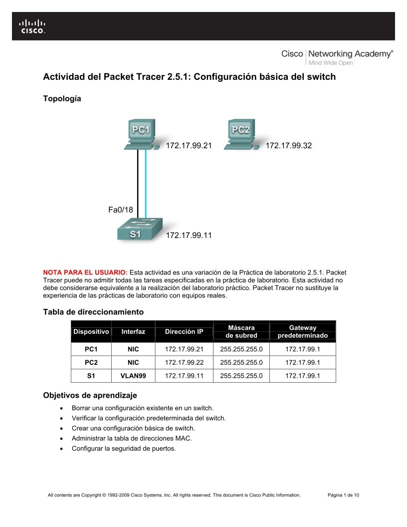 PDF de programación - Actividad del Packet Tracer 2.5.1: Configuración básica del switch