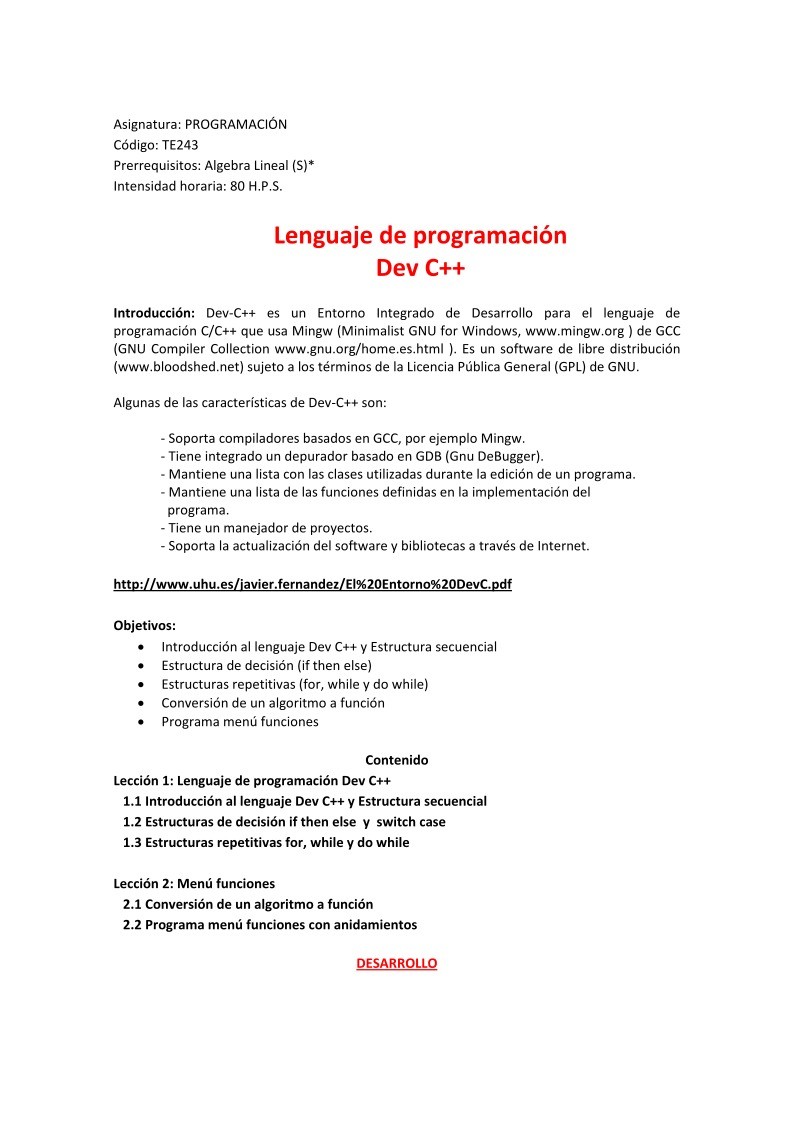 PDF de programación - Lenguaje de programación Dev C++