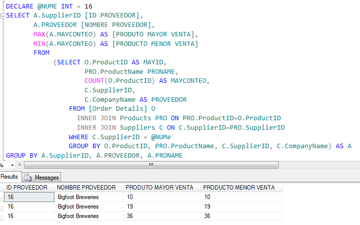 SQL Server - Encontrar el producto que más y menos se vende por proveedor