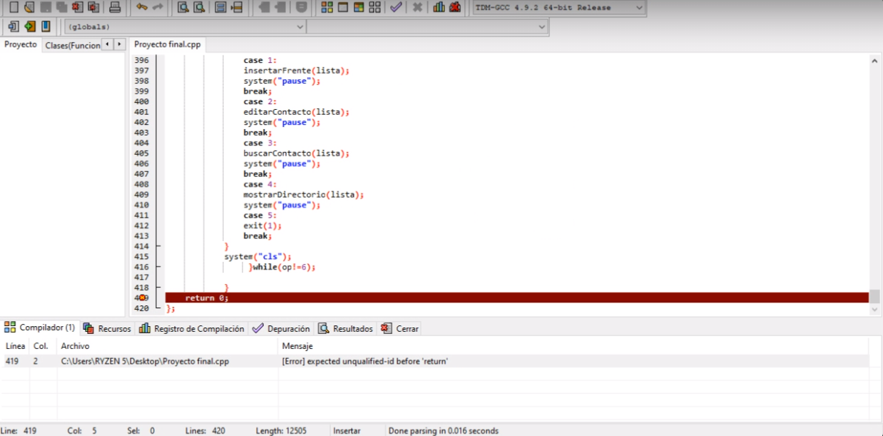 Dev - C++ - Tengo un error en la la ultima fila la por que?